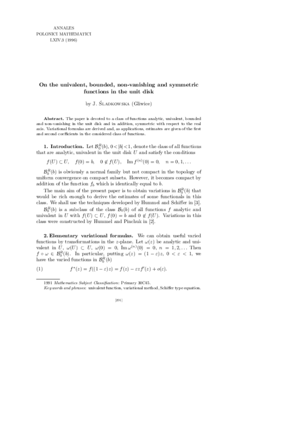 (PDF) On the univalent, bounded, non-vanishing and symmetric functions in the unit disk
