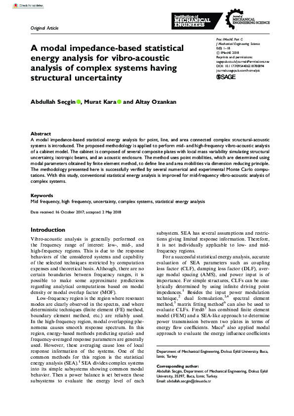 Pdf A Modal Impedance Based Statistical Energy Analysis For Vibro Acoustic Analysis Of Complex