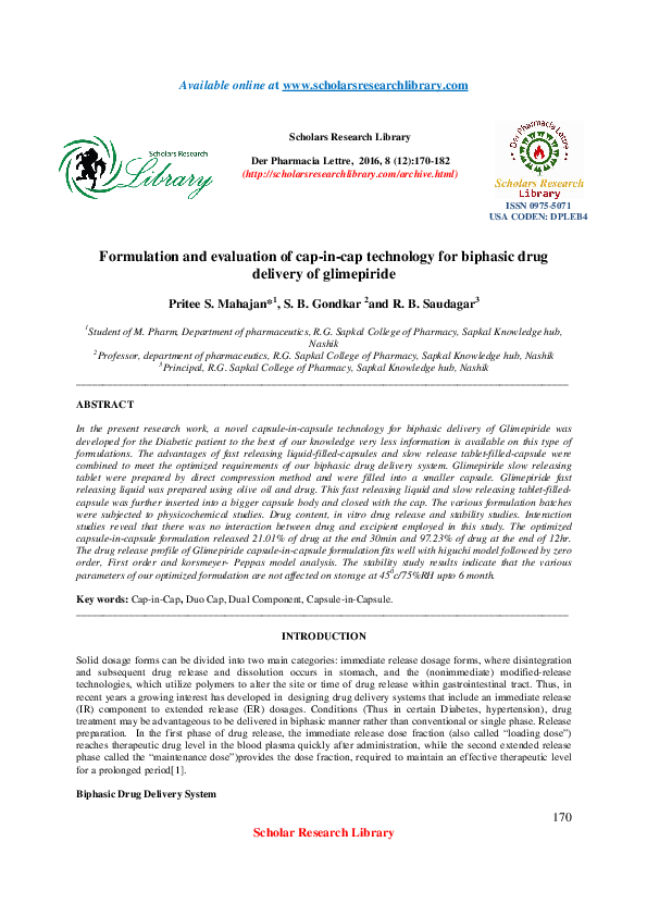 Pdf Formulation And Evaluation Of Cap In Cap Technology For Biphasic Drug Delivery Of Glimepiride