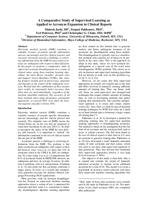 (PDF) A comparative study of supervised learning as applied to acronym expansion in clinical ...