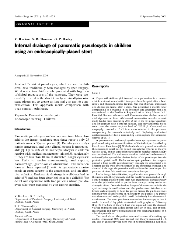(PDF) Internal drainage of pancreatic pseudocysts in children using an ...