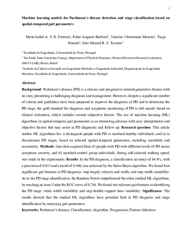 Pdf Machine Learning Models For Parkinsons Disease Detection And Stage Classification Based