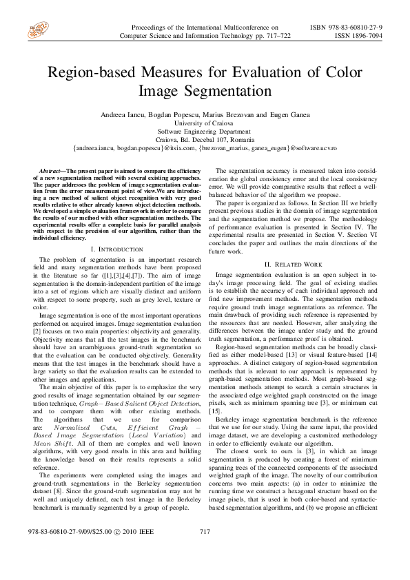(PDF) Region-based measures for evaluation of color image segmentation