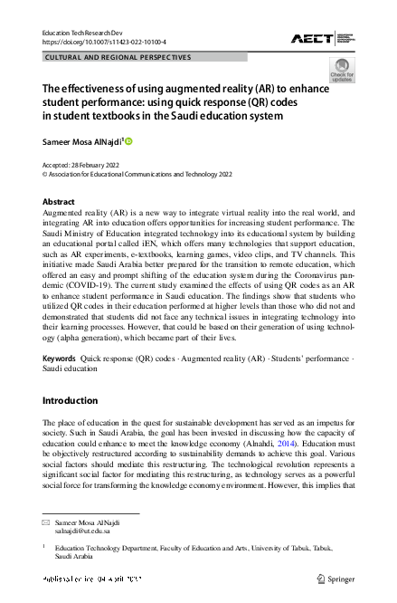 (PDF) The effectiveness of using augmented reality (AR) to enhance student performance: using ...