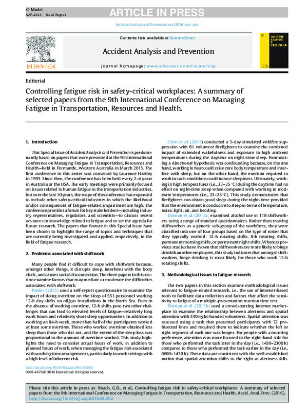 (PDF) Controlling fatigue risk in safety-critical workplaces: A summary ...