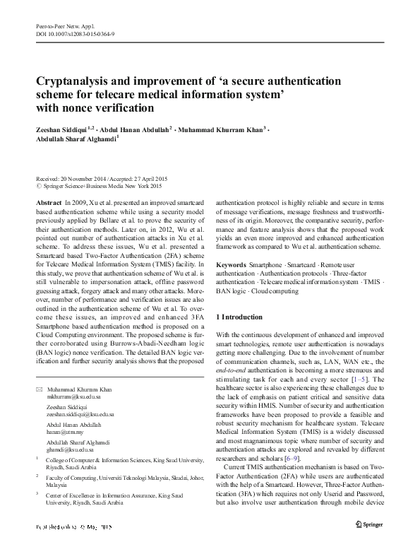 (PDF) Cryptanalysis and Improvement of a Secure Authentication Scheme ...