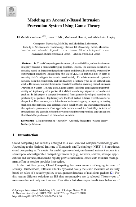 Pdf Modeling An Anomaly Based Intrusion Prevention System Using Game