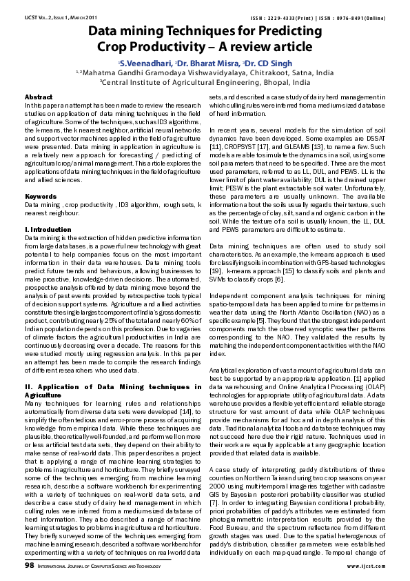 (PDF) Data mining Techniques for Predicting Crop Productivity – A review article