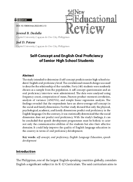 (PDF) Self-Concept and English Oral Proficiency of Senior High School ...