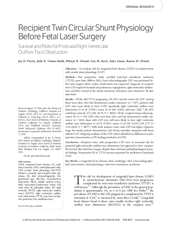 (PDF) Recipient Twin Circular Shunt Physiology Before Fetal Laser ...
