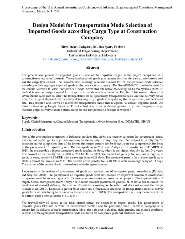 (PDF) Design Model for Transportation Mode Selection of Imported Goods ...