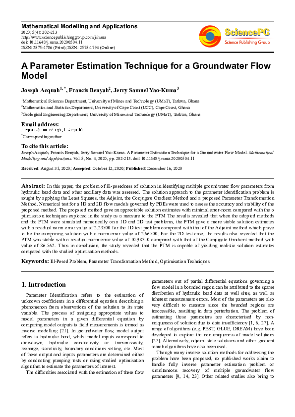 Pdf A Parameter Estimation Technique For A Groundwater Flow Model Francis Benyah