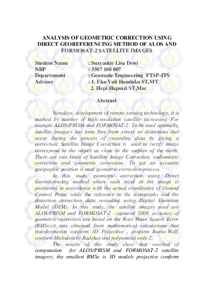 (PDF) ANALYSIS OF GEOMETRIC CORRECTION USING DIRECT GEOREFERENCING METHOD OF ALOS AND FORMOSAT-2 ...