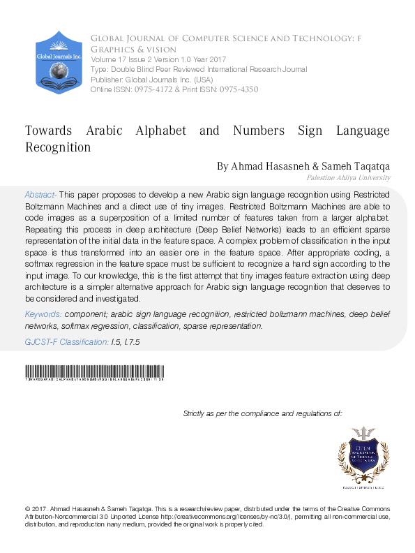 (PDF) Towards Arabic Alphabet and Numbers Sign Language Recognition