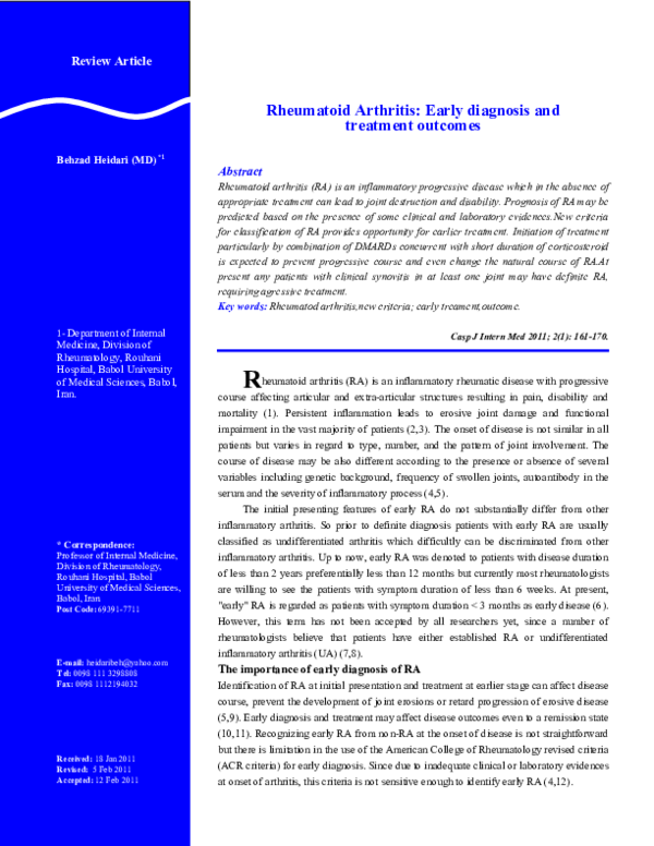 (PDF) Rheumatoid Arthritis: Early diagnosis and treatment outcomes