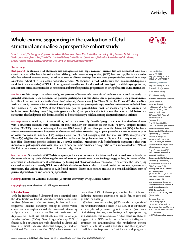 (PDF) Whole-exome sequencing in the evaluation of fetal structural anomalies: a prospective ...