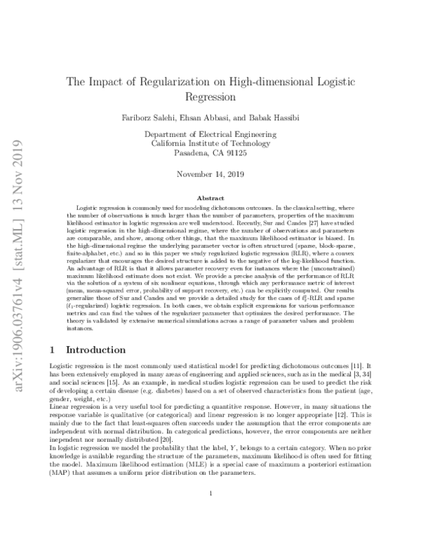 (PDF) The Impact of Regularization on High-dimensional Logistic Regression