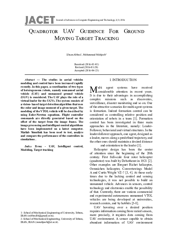 (PDF) Quadrotor UAV Guidence For Ground Moving Target Tracking