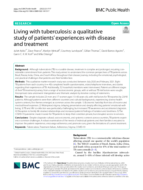 (PDF) Living with tuberculosis: a qualitative study of patients’ experiences with disease and ...