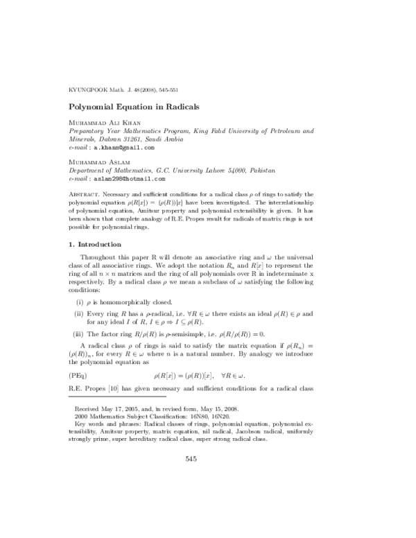 (PDF) Polynomial Equation in Radicals