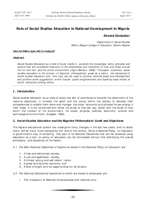 (PDF) Role of Social Studies Education in National Development in Nigeria