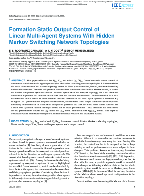 (PDF) Formation Static Output Control of Linear Multi-Agent Systems With Hidden Markov Switching ...
