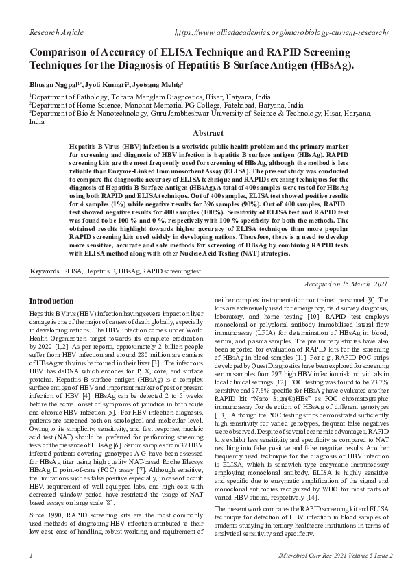 (PDF) Comparison of Accuracy of ELISA Technique and RAPID Screening ...