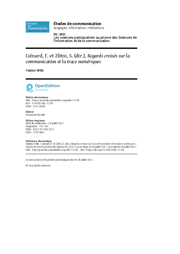 (PDF) Liénard, F. et Zlitni, S. (dir.), Regards croisés sur la ...