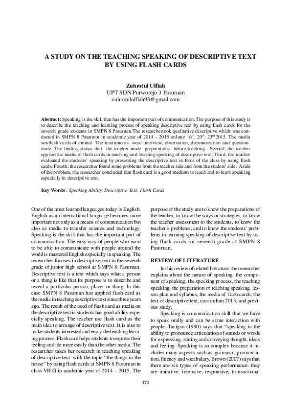 (PDF) A Study on the Teaching Speaking of Descriptive Text by Using Flash Cards