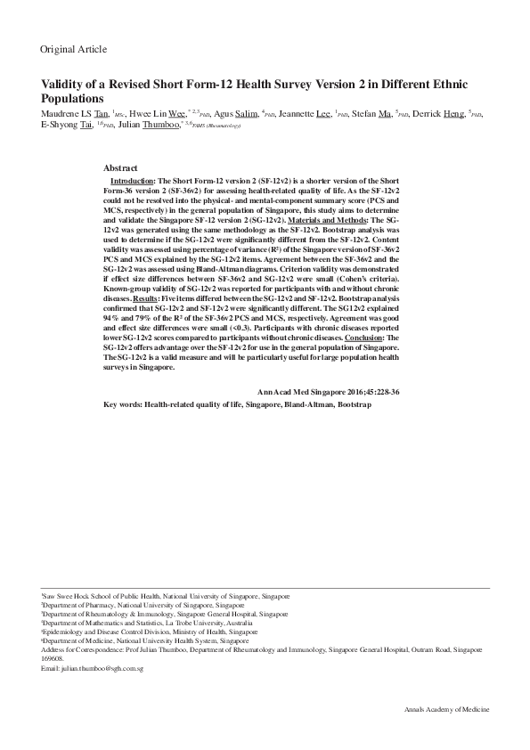 (PDF) Validity of a Revised Short Form-12 Health Survey Version 2 in ...