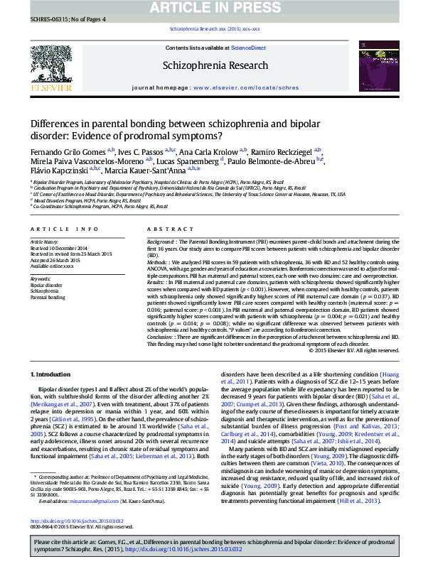 (PDF) Differences in parental bonding between schizophrenia and bipolar ...