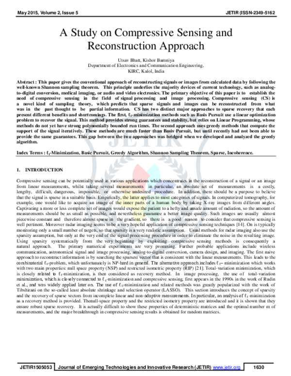 (PDF) A Study on Compressive Sensing and Reconstruction Approach