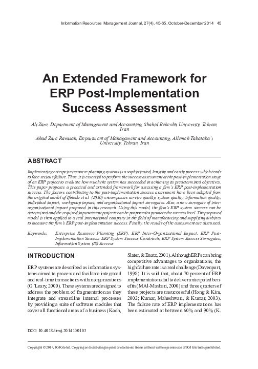 (PDF) An Extended Framework for ERP Post-Implementation Success Assessment