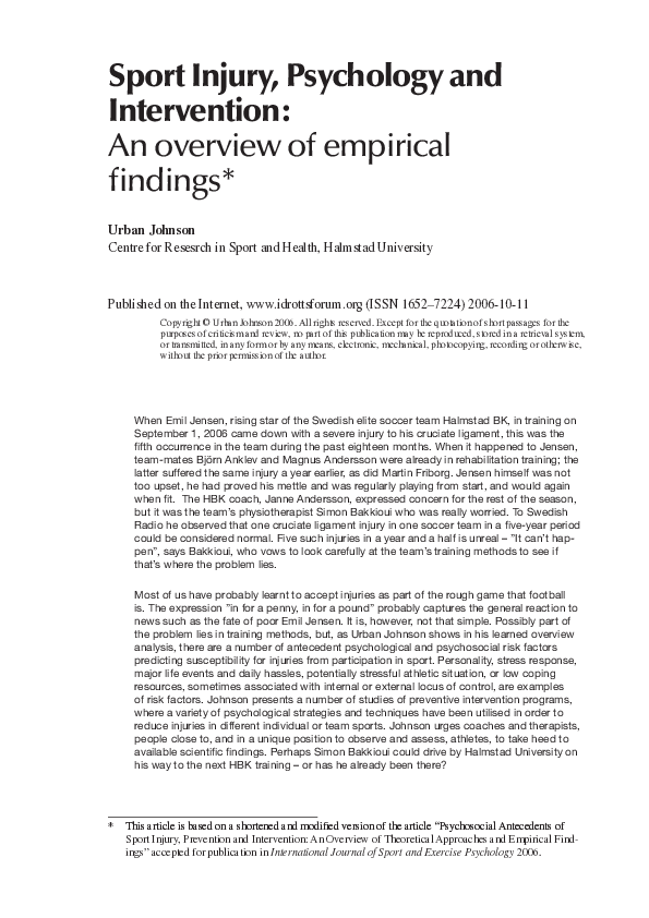 (PDF) Sport Injury, Psychology and Intervention: An overview of ...