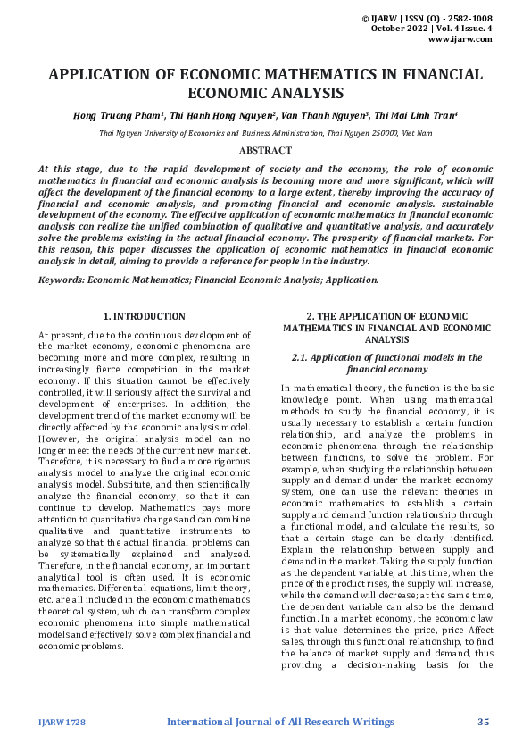 (PDF) APPLICATION OF ECONOMIC MATHEMATICS IN FINANCIAL ECONOMIC ANALYSIS