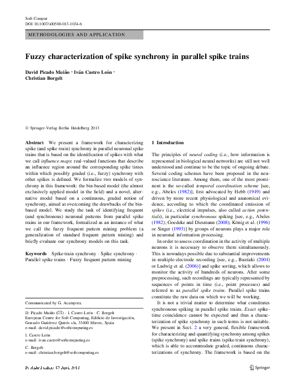 (PDF) Fuzzy characterization of spike synchrony in parallel spike trains