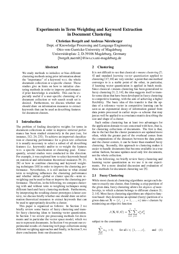 Pdf Experiments In Term Weighting And Keyword Extraction In Document Clustering Christian