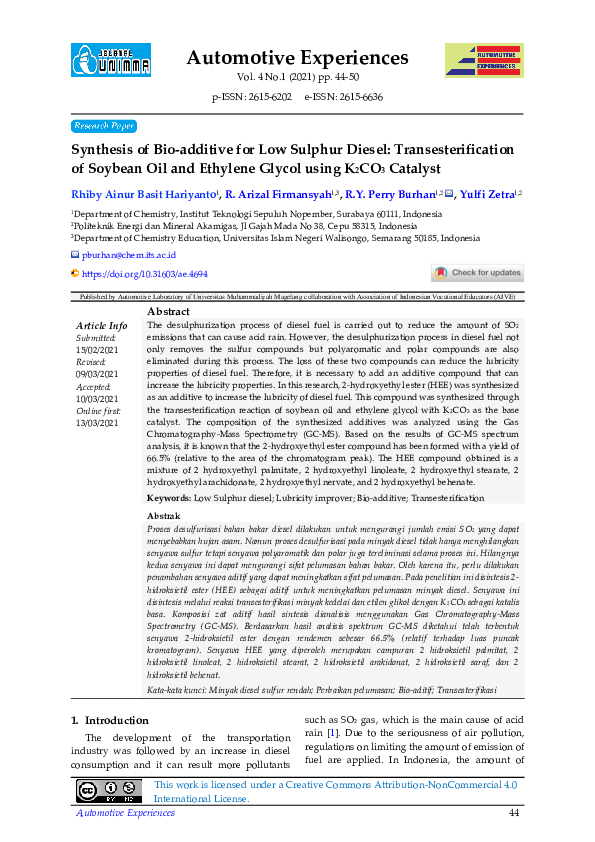 (PDF) Synthesis of Bio-additive for Low Sulphur Diesel ...
