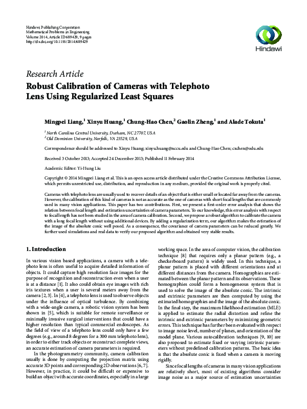 (PDF) Robust Calibration of Cameras with Telephoto Lens Using Regularized Least Squares