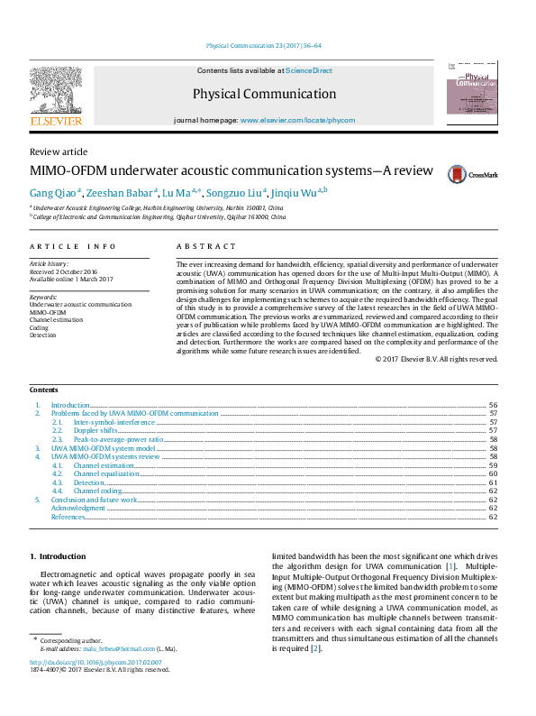 Pdf Mimo Ofdm Underwater Acoustic Communication Systems A Review