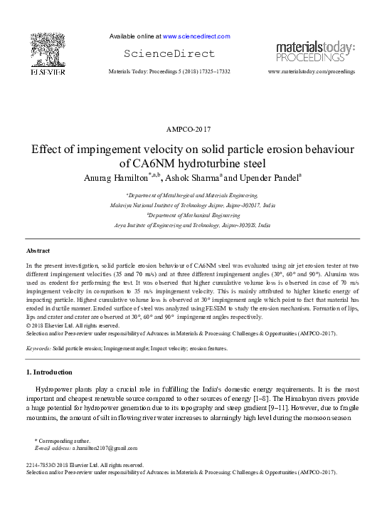 (PDF) Effect of impingement velocity on solid particle erosion behaviour of CA6NM hydroturbine steel