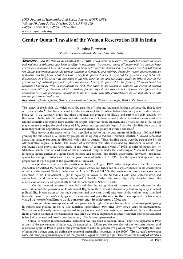 (PDF) Gender Quota: Travails of the Women Reservation Bill in India