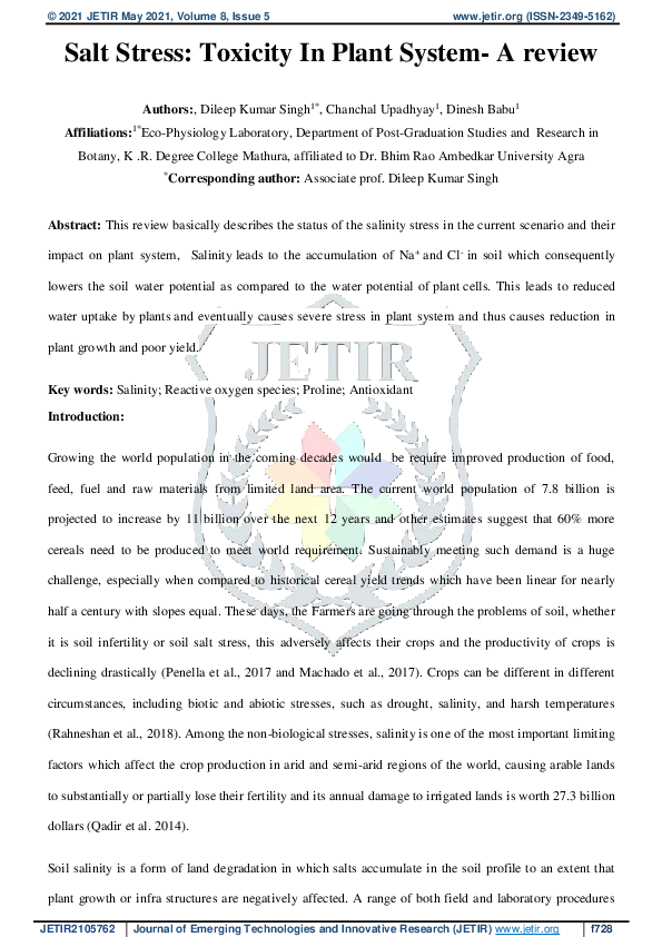 (PDF) Salt Stress: Toxicity In Plant System- A review