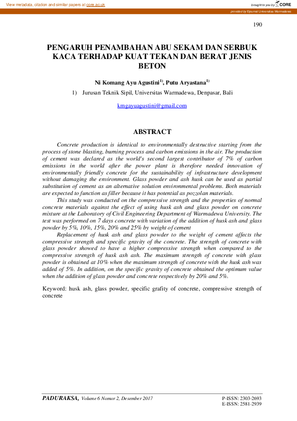 (PDF) Pengaruh Penambahan Abu Sekam Dan Serbuk Kaca Terhadap Kuat Tekan Dan Berat Jenis Beton ...