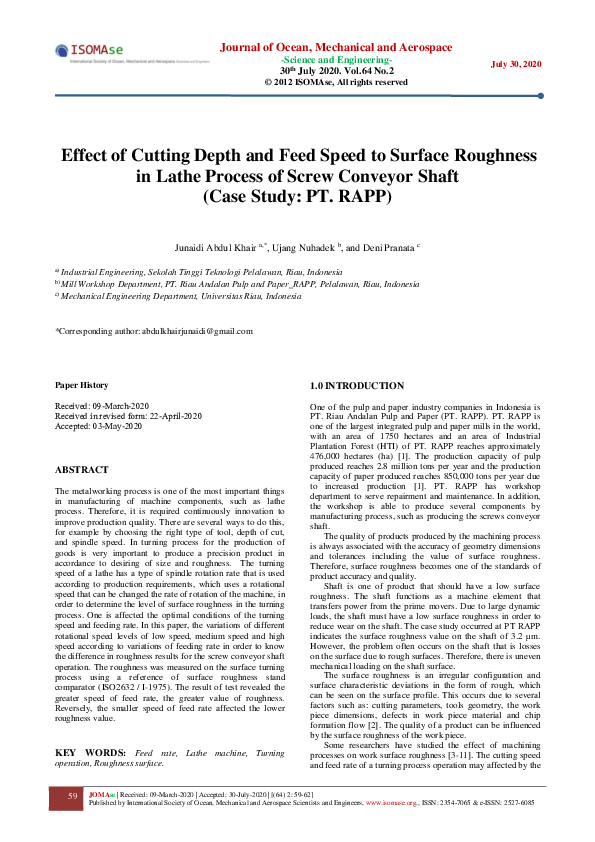 (PDF) Effect of Cutting Depth and Feed Speed to Surface Roughness in ...