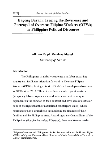 (PDF) Bagong Bayani: Tracing the Reverence and Portrayal of Overseas ...