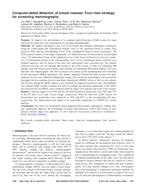 Pdf Computer‐aided Detection Of Breast Masses Four‐view Strategy For Screening Mammography
