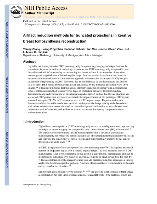 Pdf Artifact Reduction Methods For Truncated Projections In Iterative