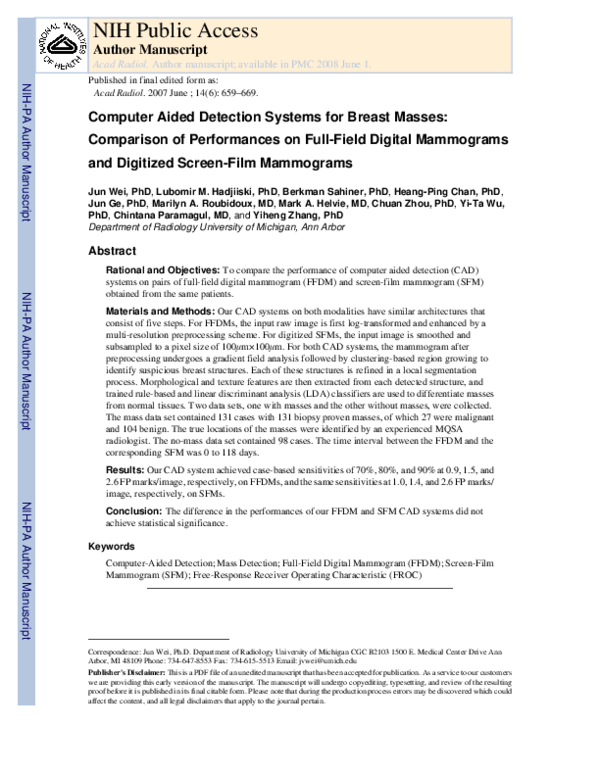Pdf Computer Aided Detection Systems For Breast Masses Comparison Of