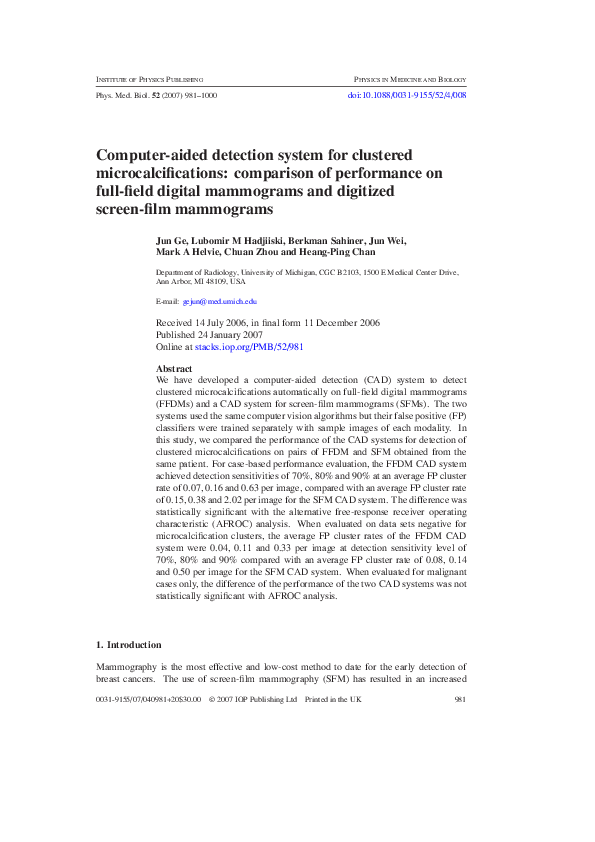 Pdf Computer Aided Detection System For Clustered Microcalcifications Comparison Of